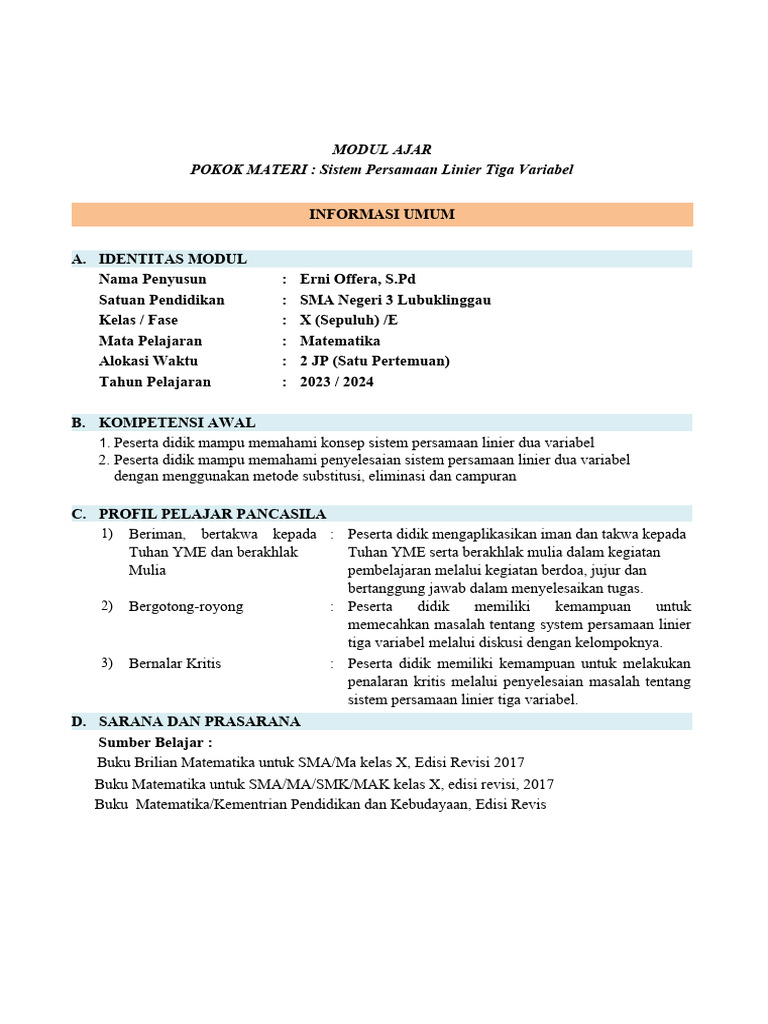 Modul Ajar SPLTV Metode Eliminasi | PDF