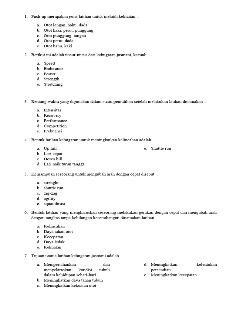 Kisi-Kisi Latihan Soal PJOK KLS 9 | PDF