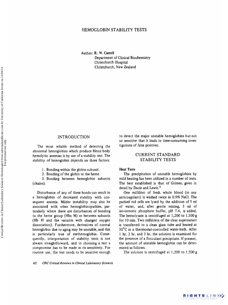 HEMOGLOBIN STABILITY TESTS | PDF | Hemoglobin | Red Blood Cell