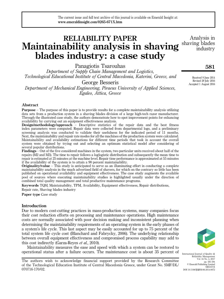 Maintainability Analysis in Shaving Blades Industry - A Case Study | PDF | Reliability ...