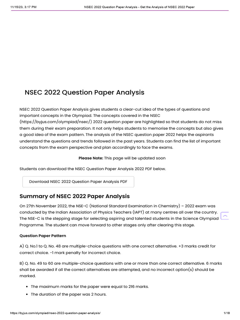 NSEC 2022 Question Paper Analysis - Get The Analysis of NSEC 2022 Paper | PDF | Chemical ...