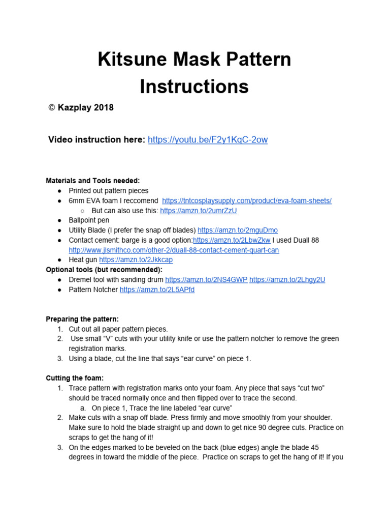 Kistune Mask Instructions | PDF | Blade | Adhesive