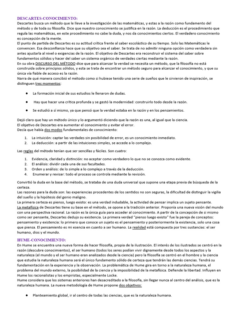 Descartes, Hume, Rousseau y Kant FILOSOFÍA 2º BACH | PDF