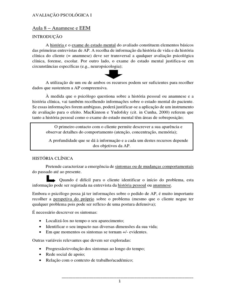 Aula 8 - Anamnese | PDF | Psicologia | Ciências comportamentais