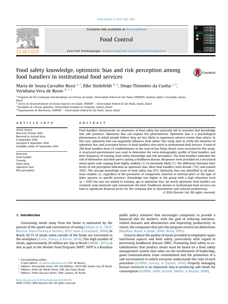 Food Safety Knowledge in Food Handlers | PDF | Foodborne Illness ...