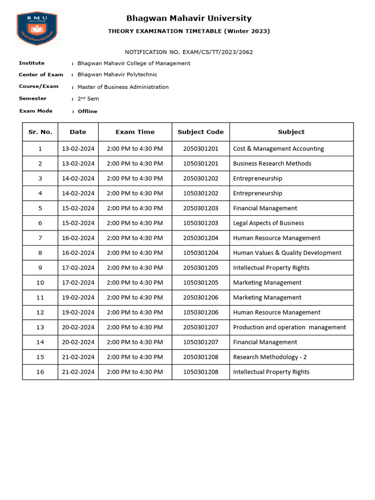 2062 - MBA - 2nd Sem - Theory Examination Time Table (Winter 2023 ...