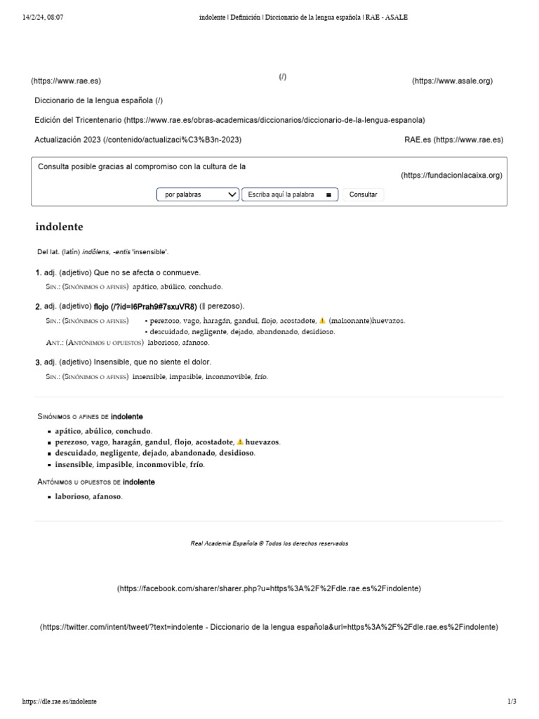 Indolente - Definición - Diccionario de La Lengua Española | PDF