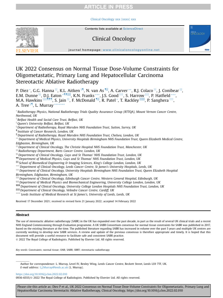 2022 UK Consensus On Normal Tissue Dose-Volume Constraints Forsbrt ...
