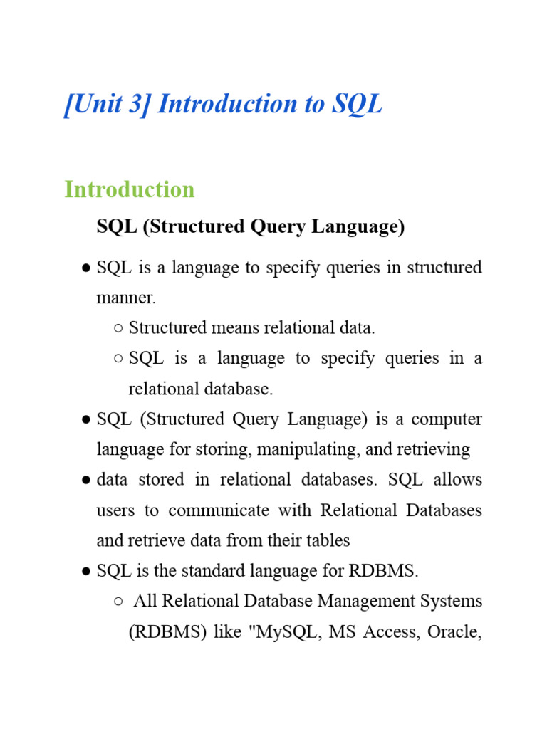 Unit 3 Introduction To Sql Sql Structured Query Language Pdf 5318