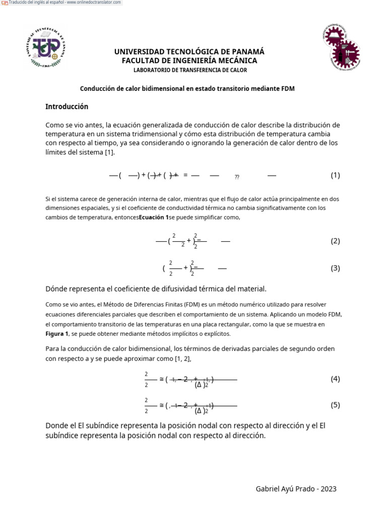 Lab 9 Two Dimensional Transient State Heat Conduction Using Fdm En Es