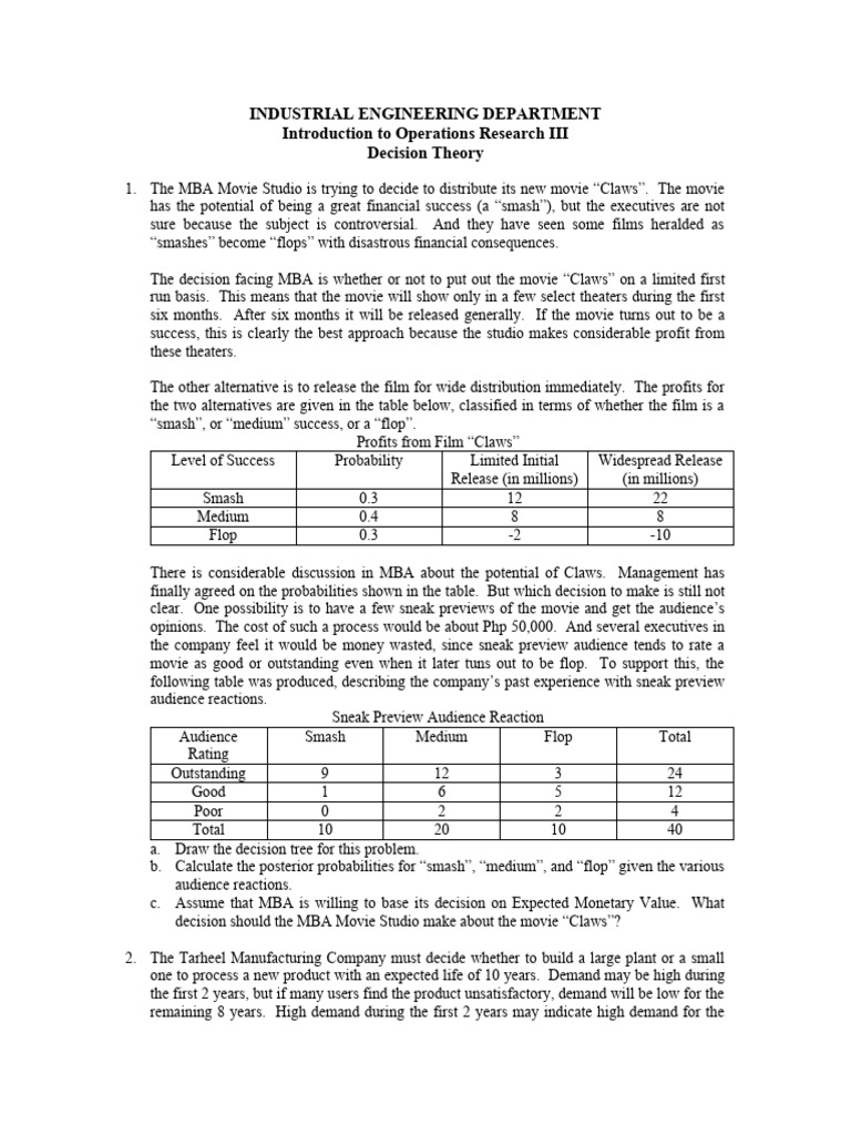 Decision Theory Problem Set | PDF | Risk | Medical Diagnosis