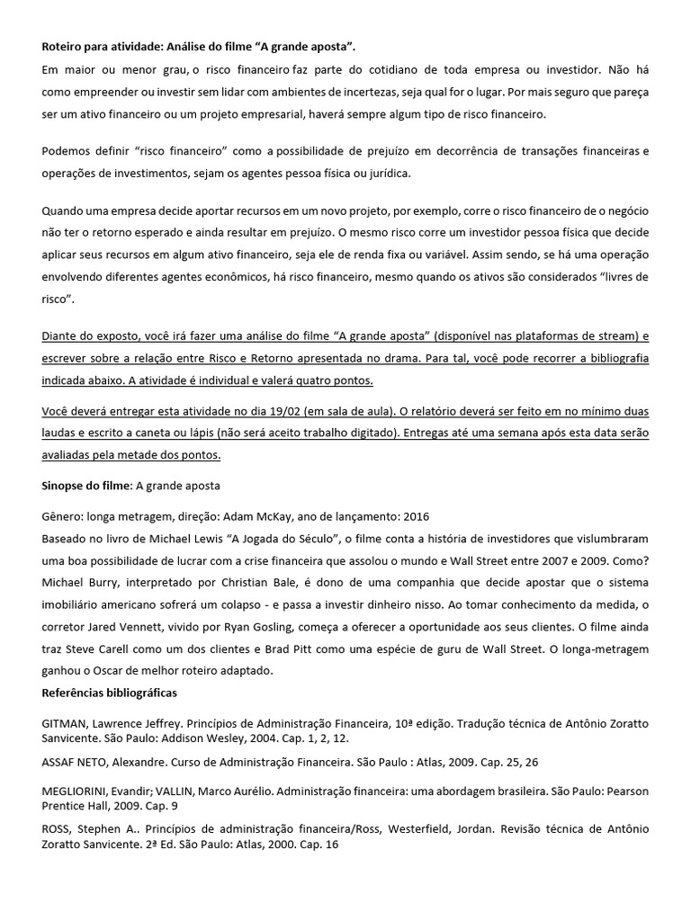 Roteiro para o Filme A Grande Aposta | PDF | Avaliação de risco ...