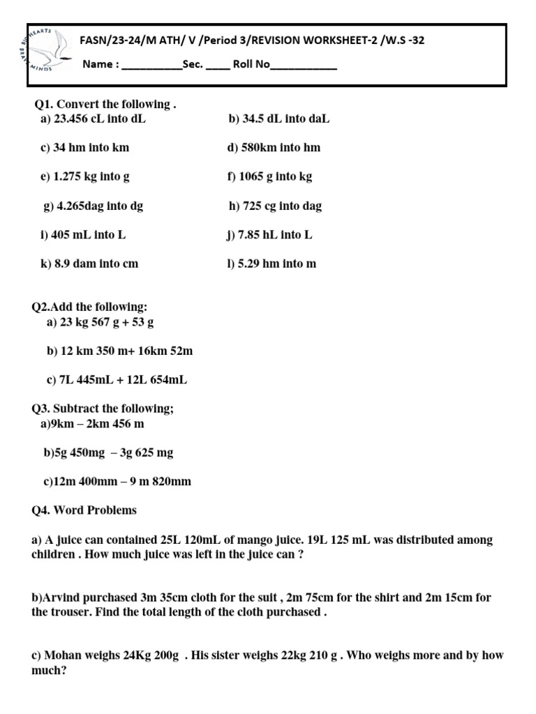 Revision Worksheet-2 (Measurement) | PDF | Science & Mathematics