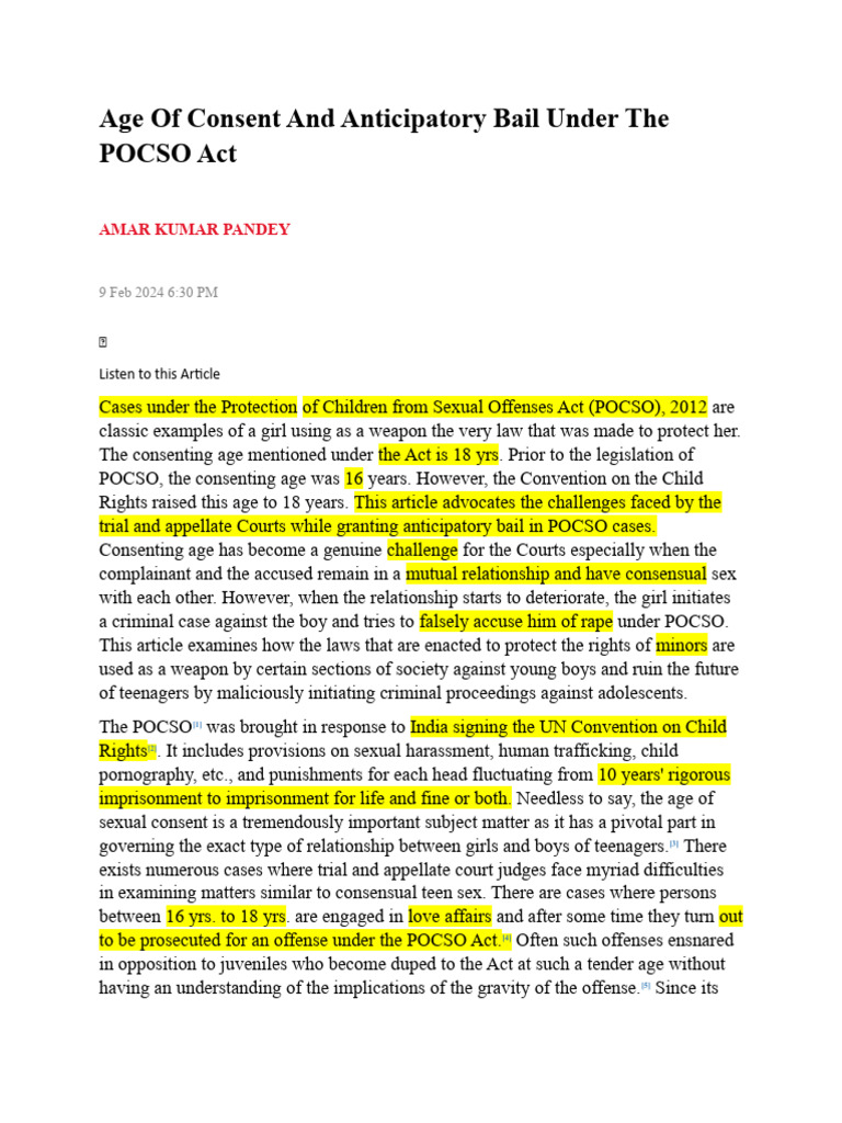 Age of Consent and Anticipatory Bail Under The POCSO Act | PDF | Bail | Rape