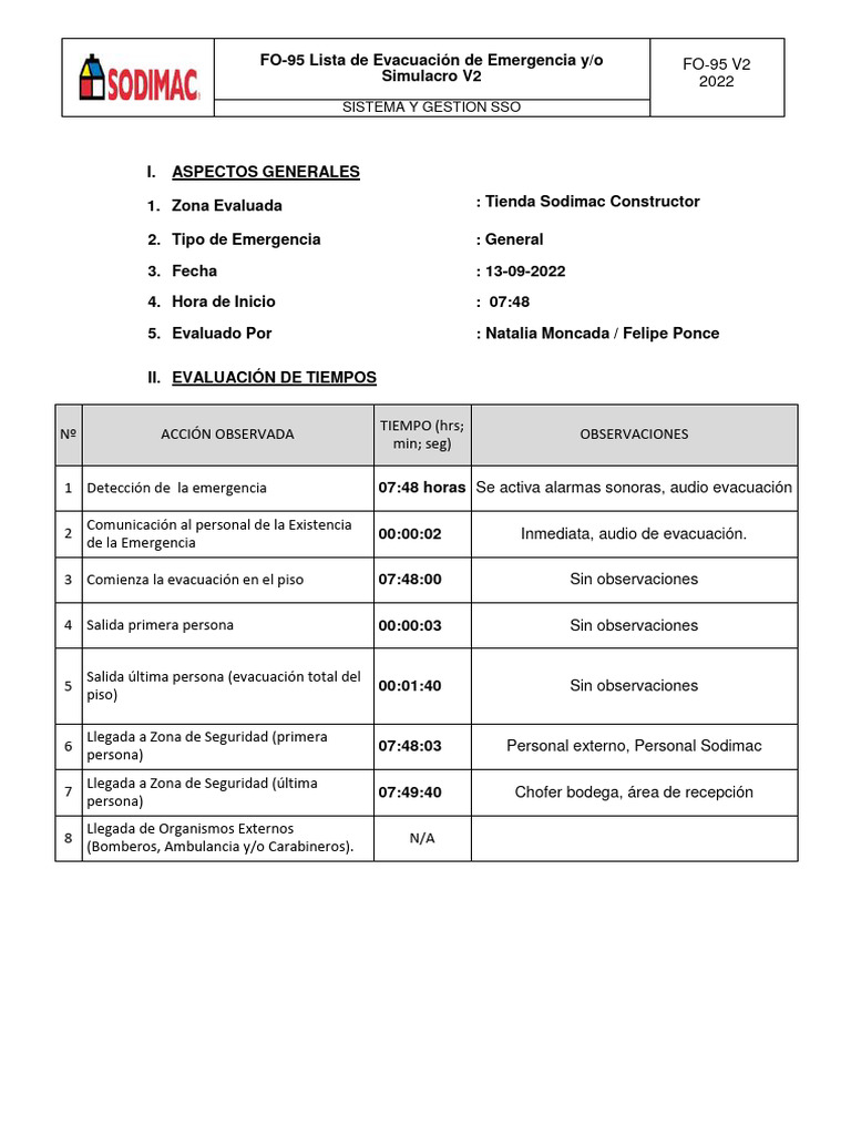 FO-95 Lista Verificación Evacuación o Simulacro, CO26. | PDF