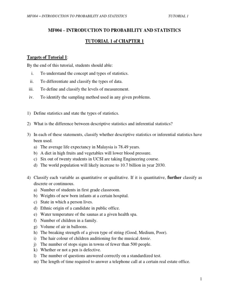 Tutorial 1 | PDF | Statistics | Sampling (Statistics)
