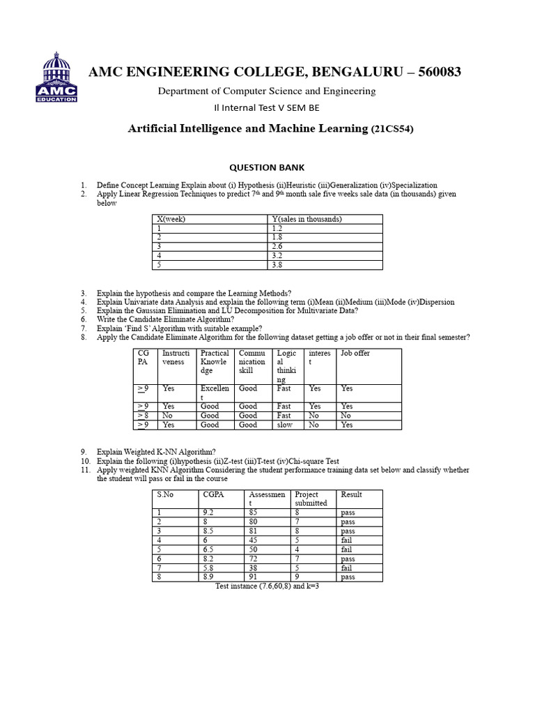 AIML 2nd IA Question Bank | PDF | Machine Learning | Multivariate Statistics
