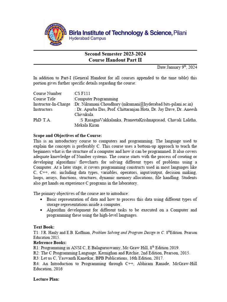 CS F111 Course Handout 2023 24 Nikumani | PDF | Algorithms | Information Technology