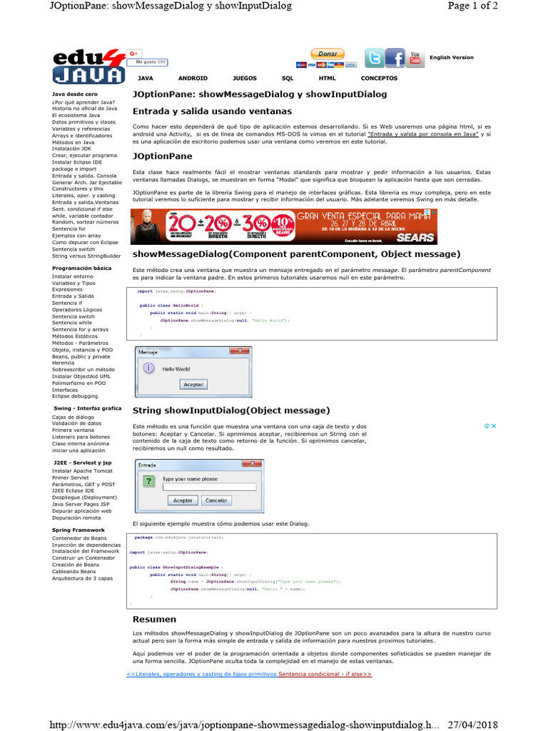 Uso de JOptionPane en Java | PDF | Java (lenguaje de programación ...