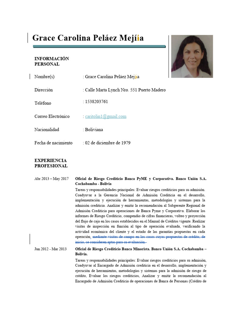 CV Carolina | PDF | Bancos | Bolivia