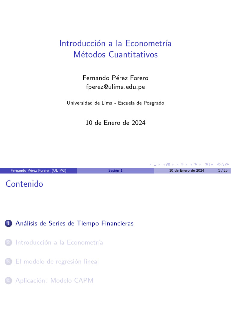 Introducci On A La Econometr Ia M Etodos Cuantitativos: Fernando P Erez Forero Fperez@ulima ...