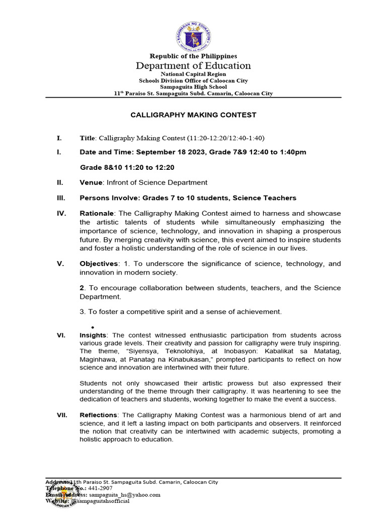 Narrative Report of Calligraphy Making Contest | PDF