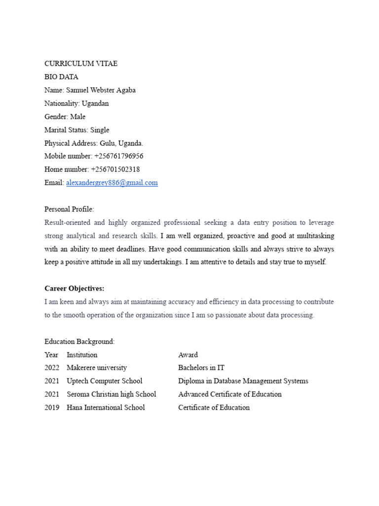 Samuel Webster Agaba - CV | PDF