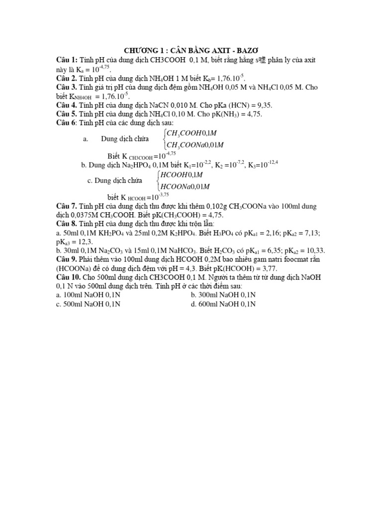BT Chuong 1 - Can Bang Axit Bazo | PDF