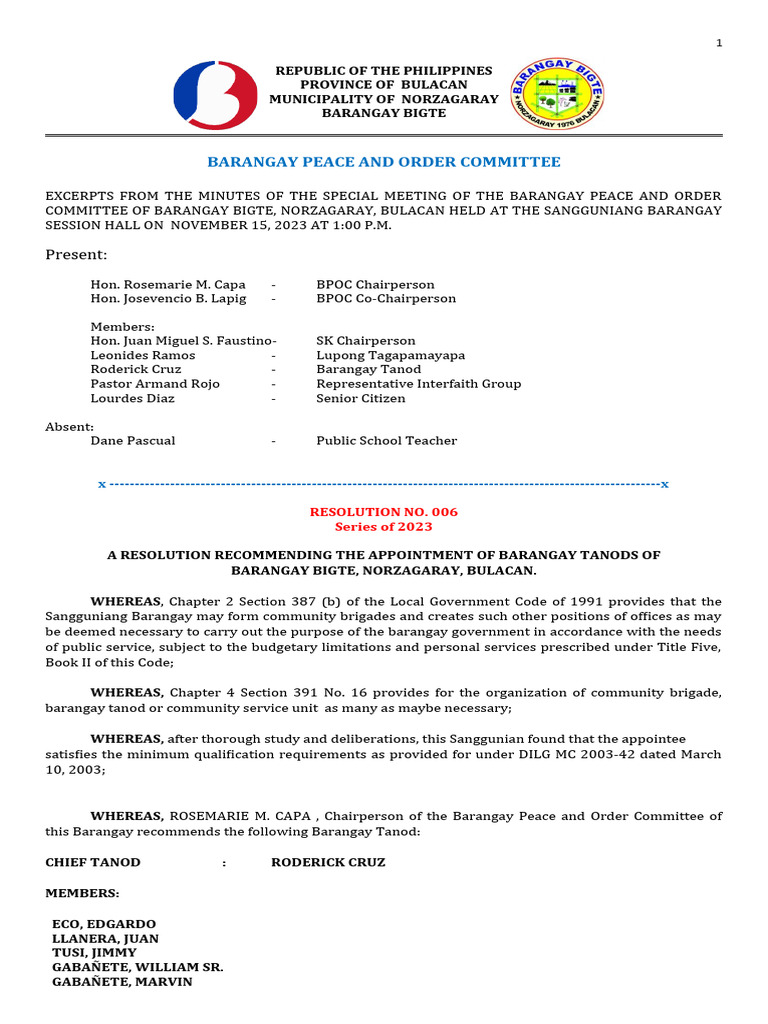 BPOC RESO 006 Barangay Tanod | PDF | Philippines