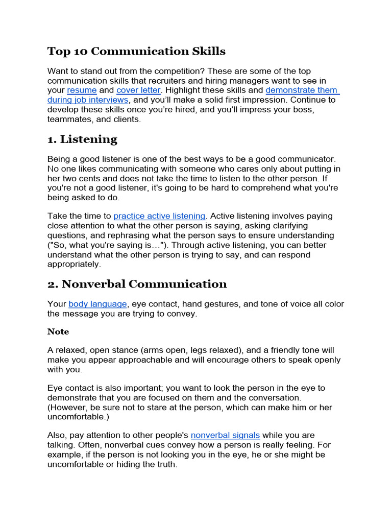 Top 10 Communication Skills | PDF | Nonverbal Communication | Communication