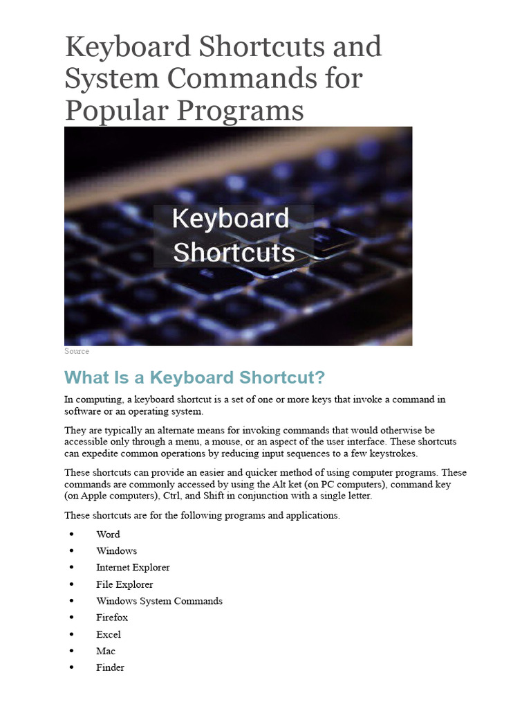 Keyboard Shorcuts Shortcut Keys | PDF | Keyboard Shortcut | Computer ...