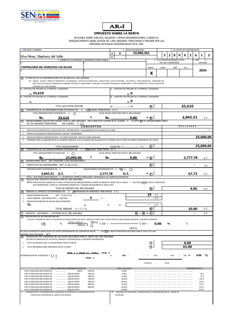 FORMULARIO ARI 2024-Stephany | PDF | Porcentaje | Impuestos