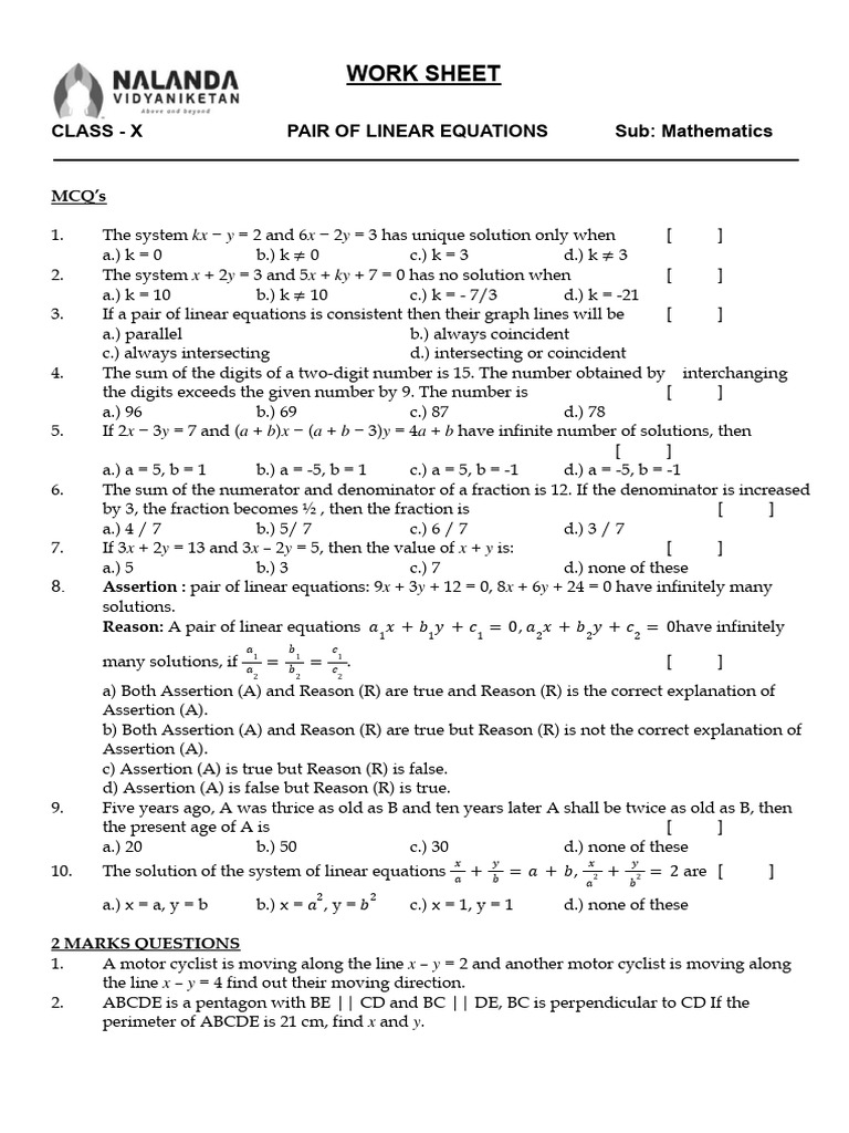 Pair of Linear Equations Worksheet(2023-24) | PDF | Equations | Speed