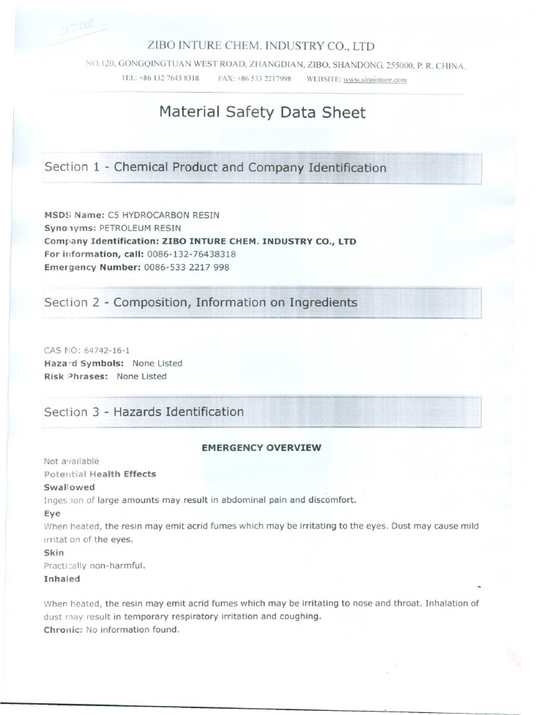 MSDS C5 Aliphatic Hydrocarbon Resin | PDF