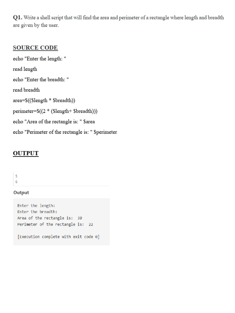 Write A Shell Script That Will Find The Area and Perimeter of A Rectangle Where Length and ...
