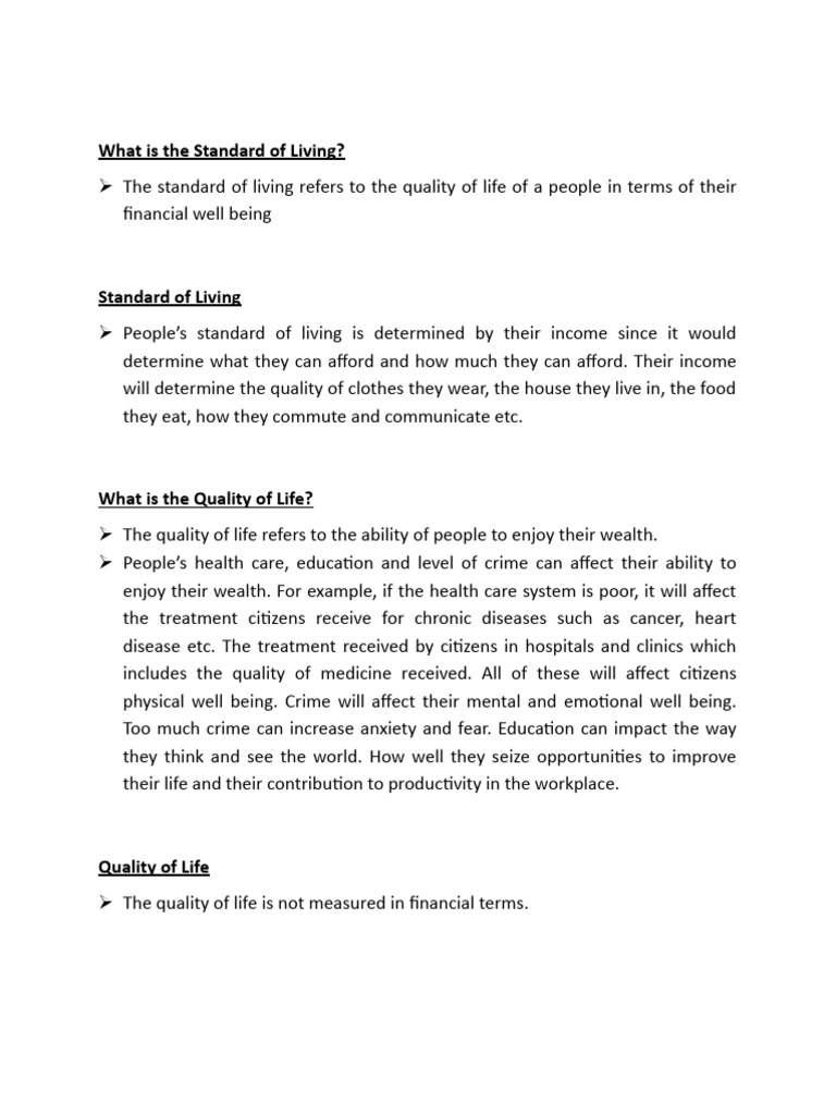 Standard vs. Quality of Living Explained | PDF | Quality Of Life ...