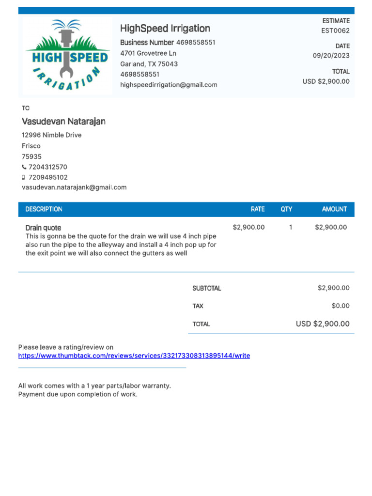 High Speed Irrigation - Quote | PDF