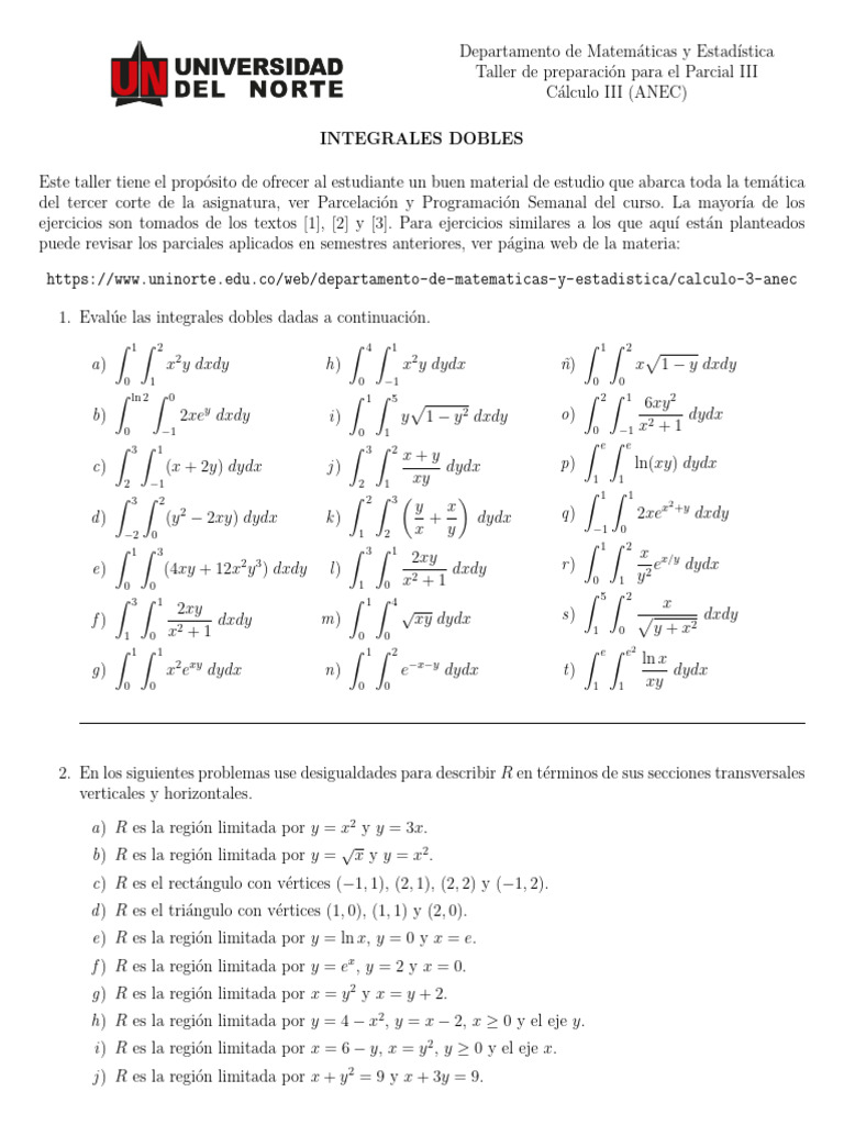Taller Sobre Integrales Dobles | PDF | Integral | Funciones y mapeos