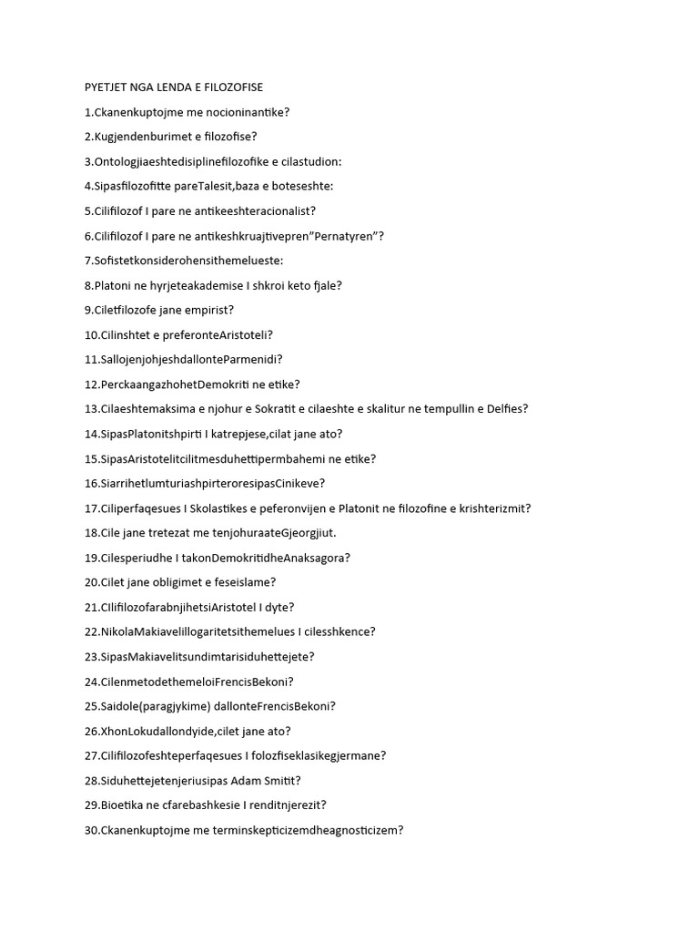 Pyetjet Per Maturantet Nga Lenda e Filozofise 2020-21 | PDF