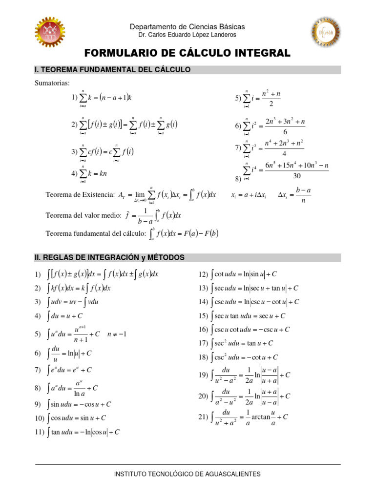 Formulario Cálculo Integral | PDF | Integral | Funciones trigonométricas