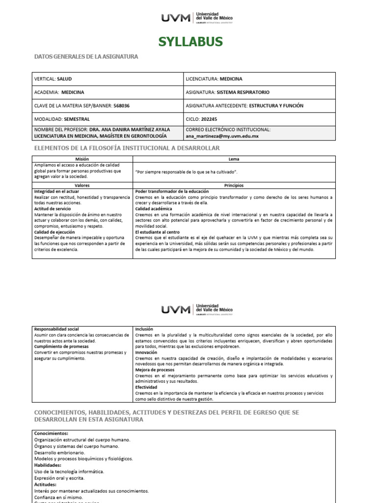 Syllabus Sistema Respiratorio (2022-1) | PDF | Evaluación | Sistema respiratorio