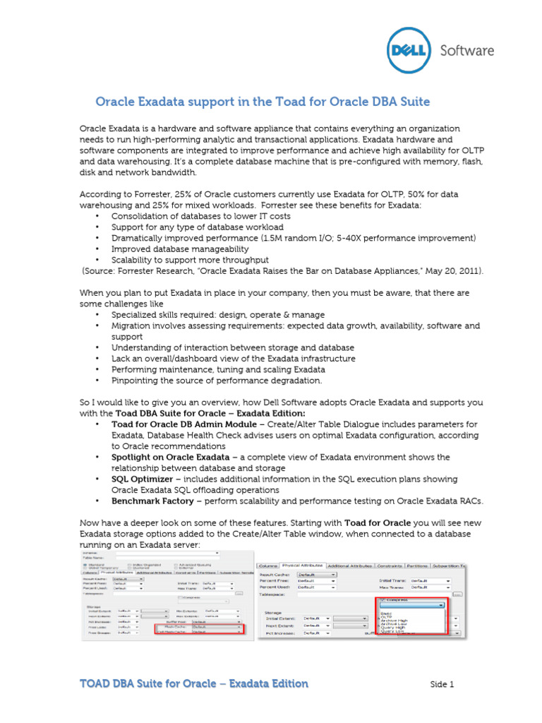 Oracle Exadata Support in The Toad DBA Suite | PDF | Databases | Ibm Db2