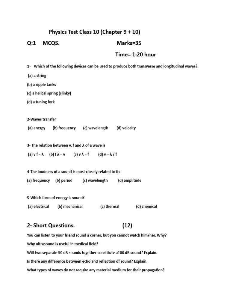 Physics Test Class 10 | PDF