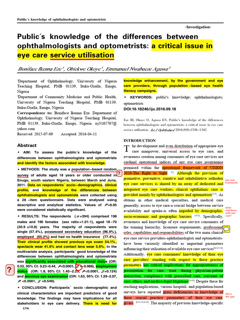 Public - S Knowledge of The Differences Between Ophthalmologists and Optometrists - A Critical ...