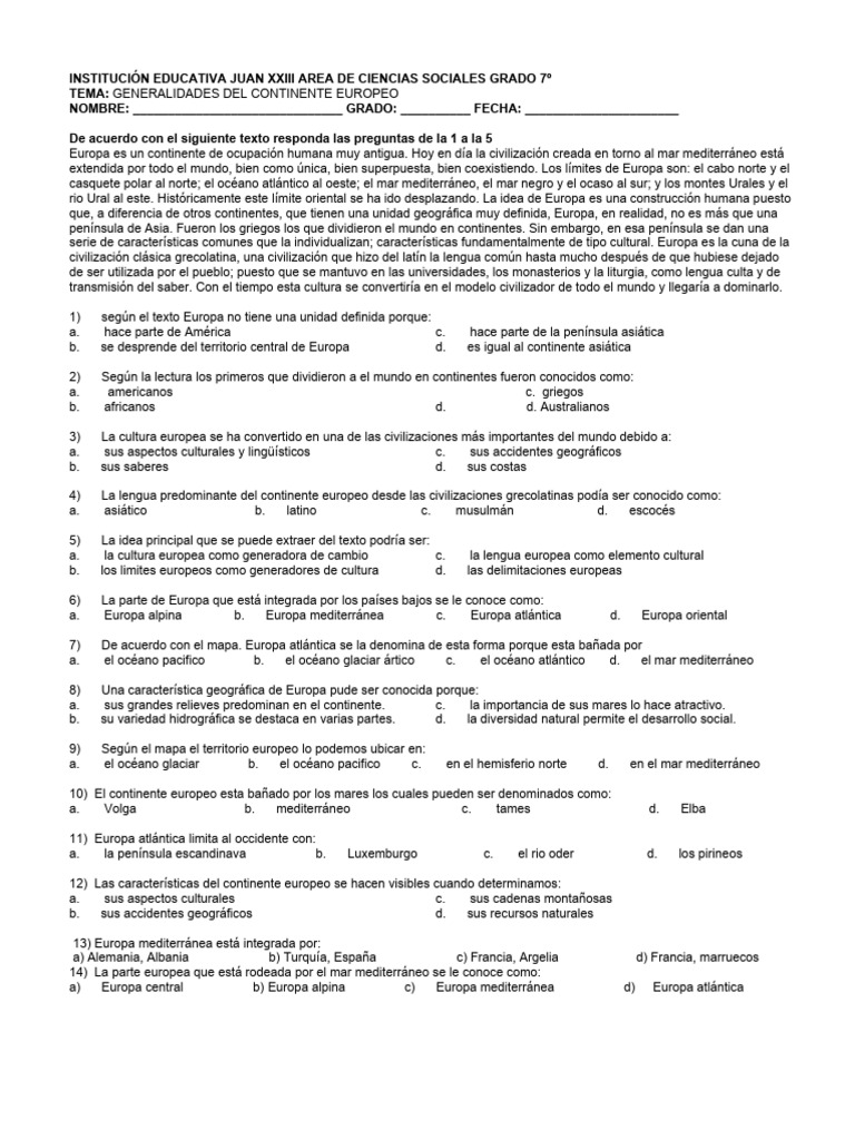EVALUACIÓN FINAL Continente Europeo | PDF | Europa | Asia