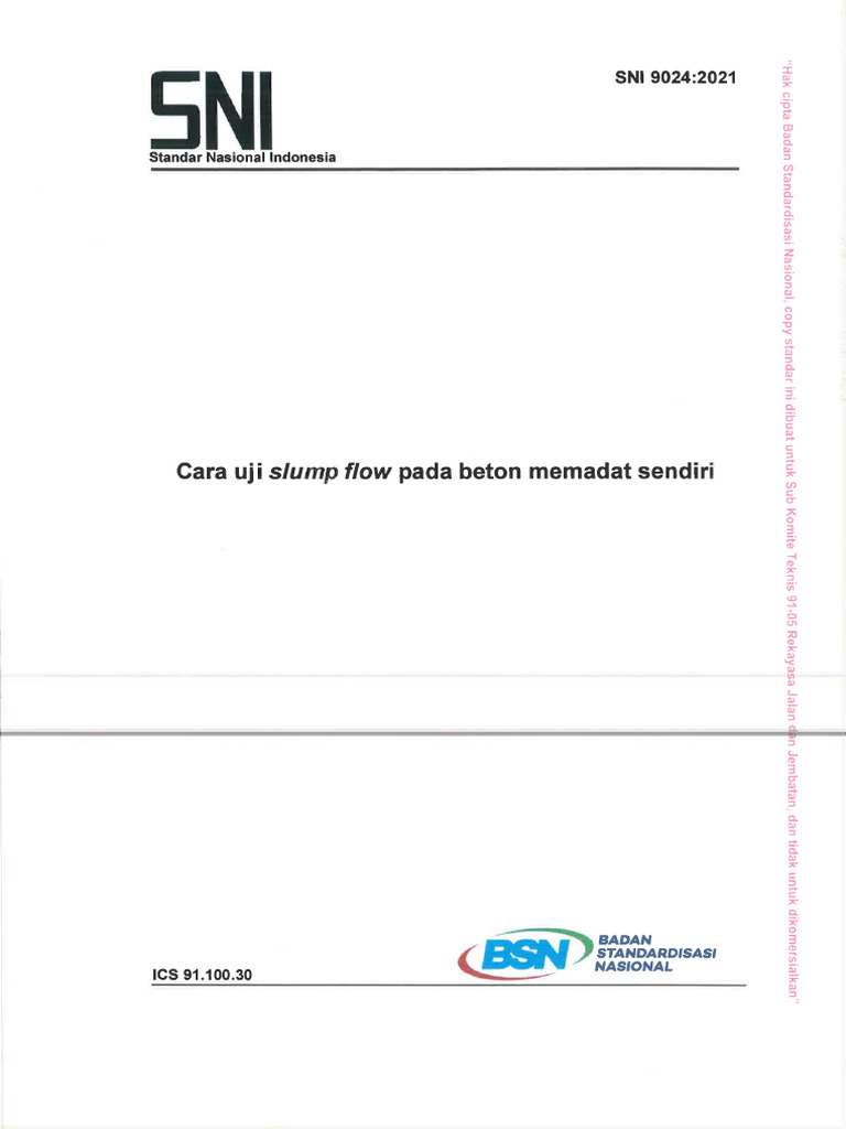 SNI 9024-2021 Cara Uji Slump Flow Pada Beton Memadat Semdiri | PDF