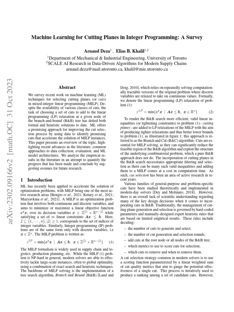 Machine Learning For Cutting Planes in Integer Programming: A Survey | PDF | Linear Programming ...