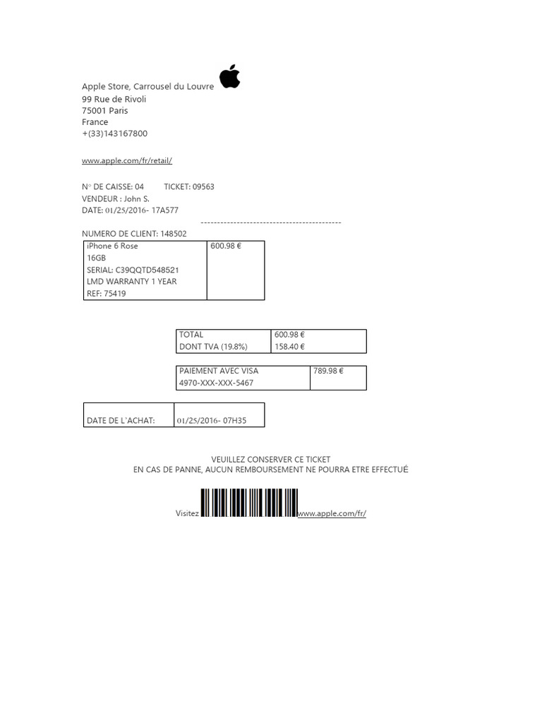 Apple Store Paris iPhone Purchase Receipt | PDF