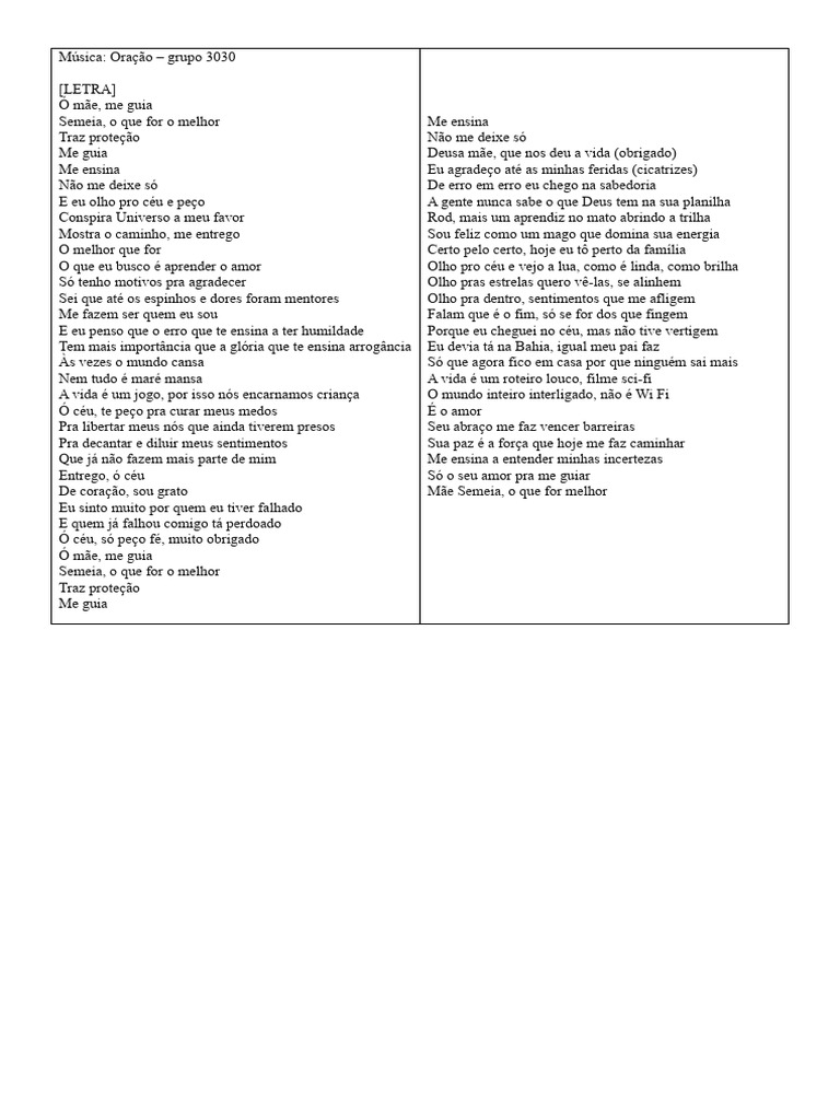 Música Oração Do Grupo 3030 Letra | PDF | Amor | Oração