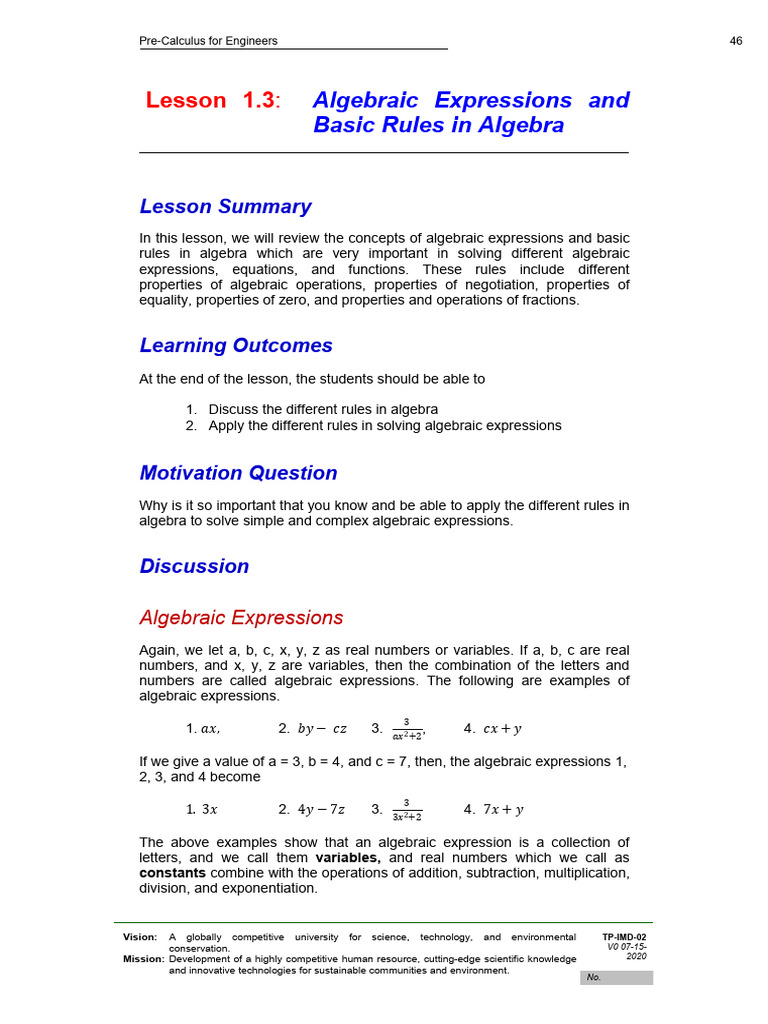 ESci 110 - Module 1 - Lesson 3 - Algebraic Expressions and Basic Rules ...
